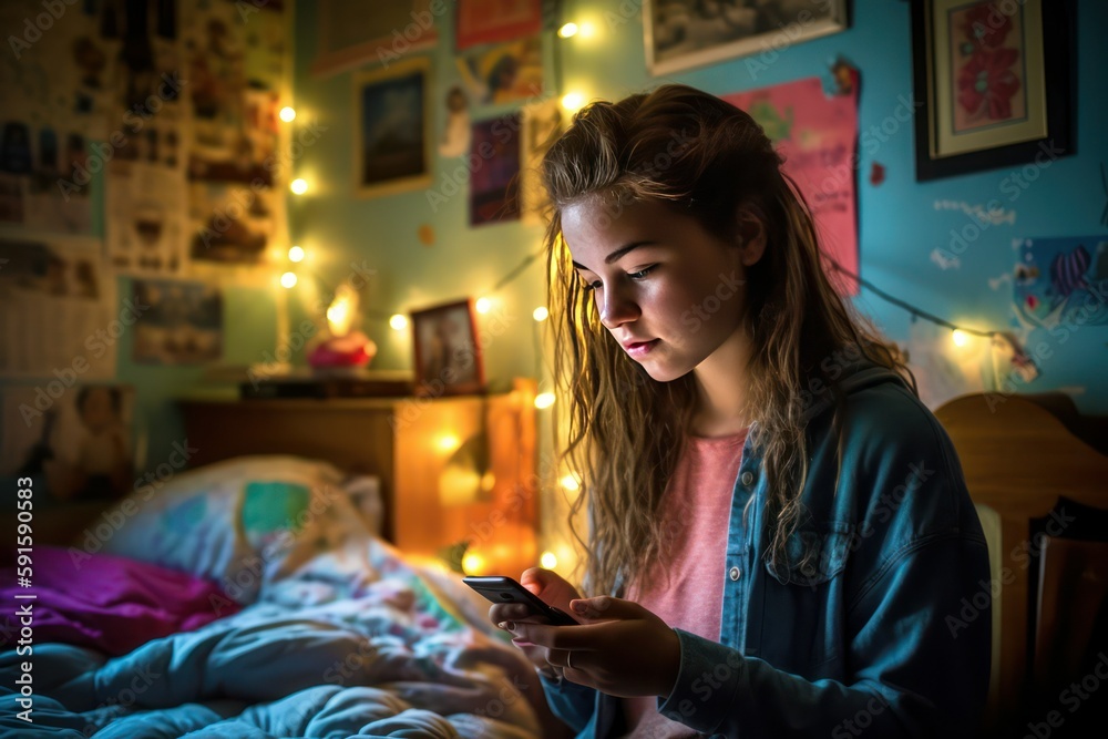 Candid photo of a teenage girl using smartphone in her bedroom ...