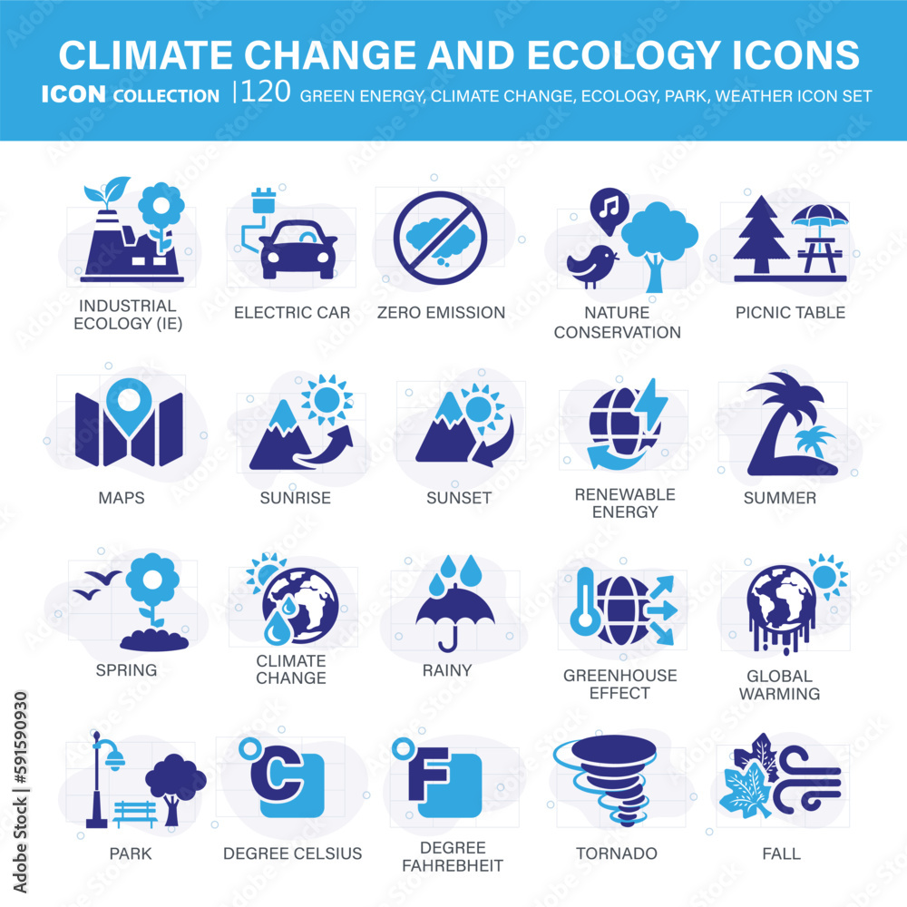 Climate change, ecology, green energy, park and weather icon set ...
