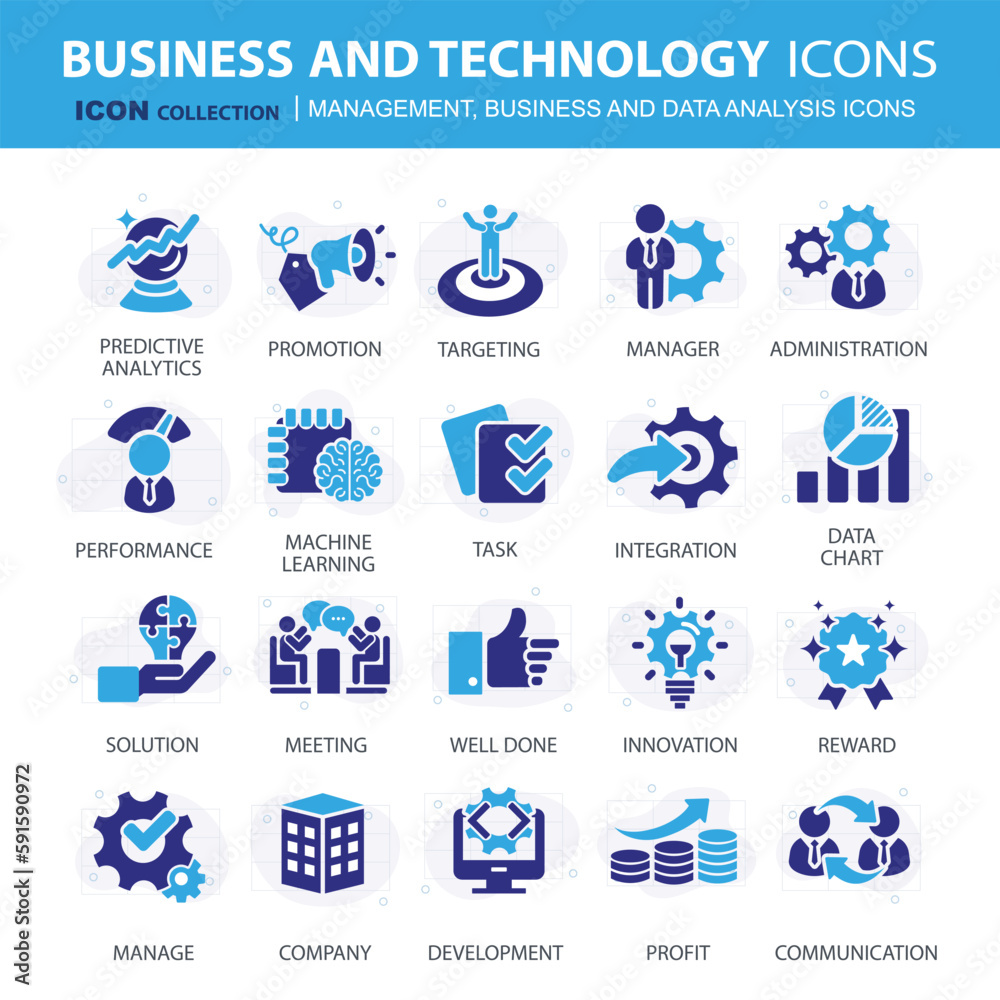 Business, data analysis, organization management and technology icon ...