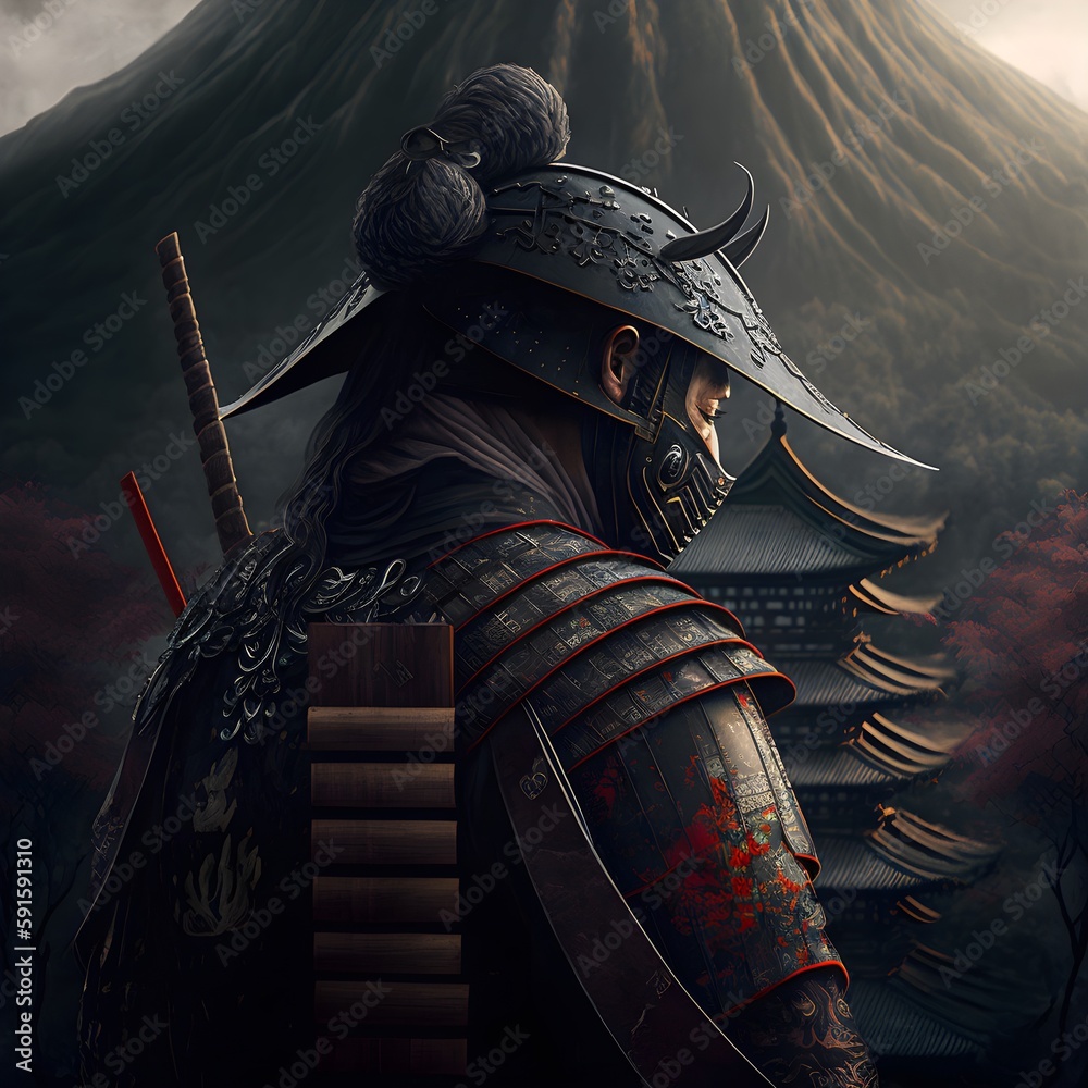With a stoic and determined expression the ancient samurai warrior ...