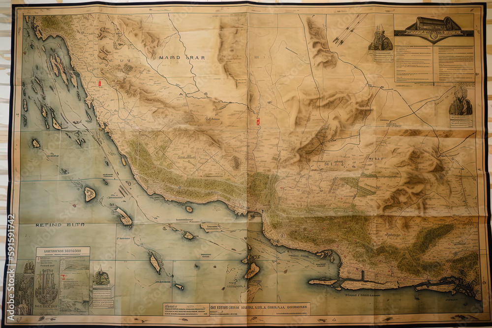 Old vintage map of fantasy places. Coast of a land in an imaginary ...