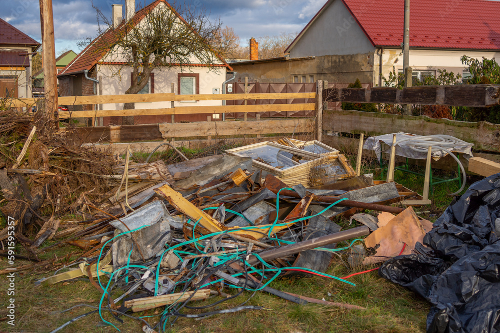 pile of waste after house demolition, environmental problems, a large ...