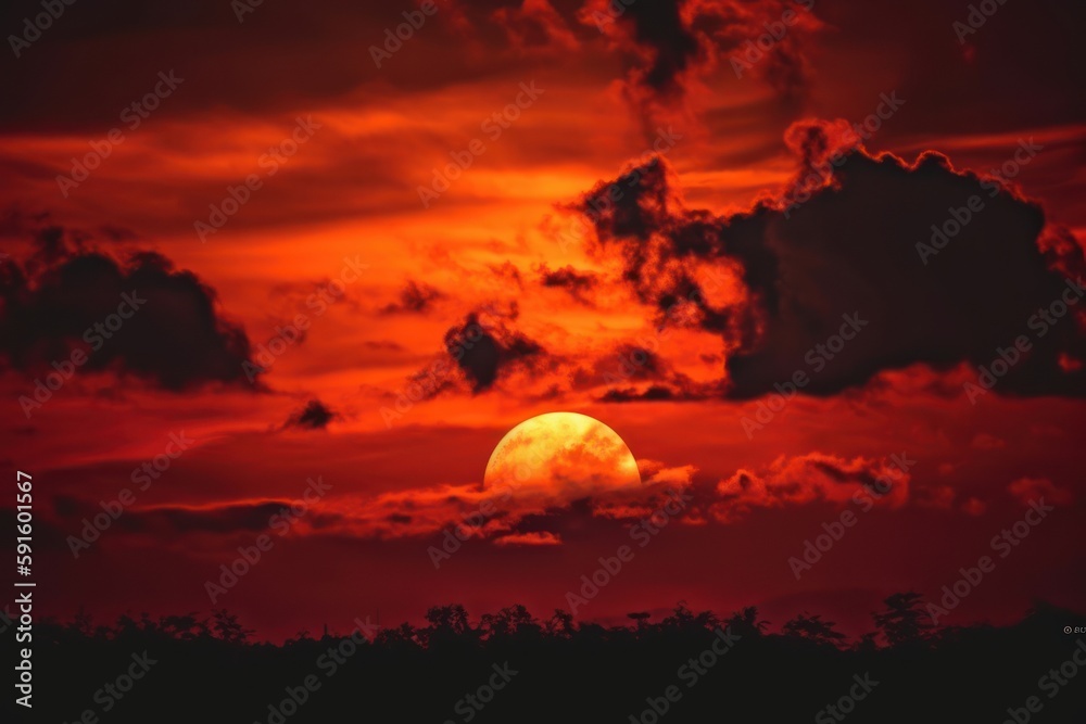red sun with clouds behind on the dark sky, a red sun with clouds in ...