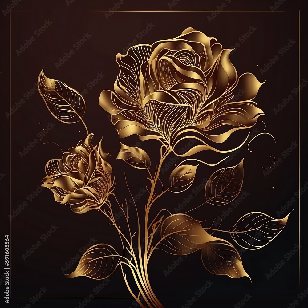 Luxury golden rose flower line art vector background. Natural botanical ...