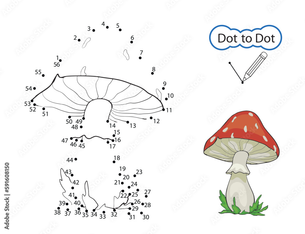 Dot to dot game. Finish the image of mushroom. Kids drawing riddle on ...