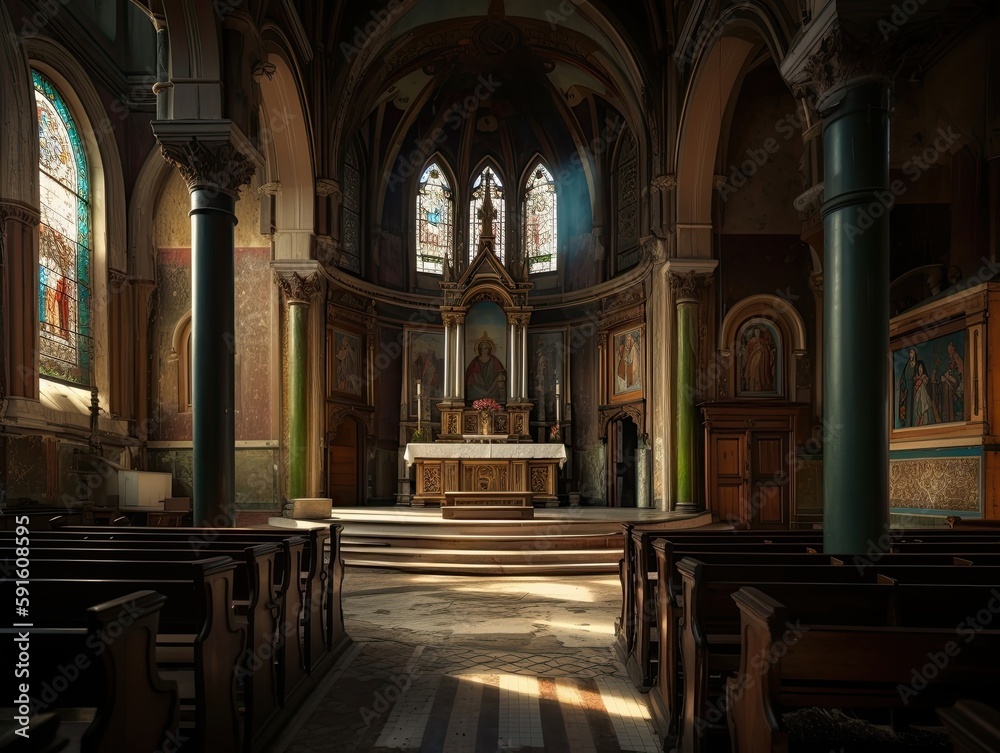 Church interior The interior of a simple church with a vaulted wooden ...