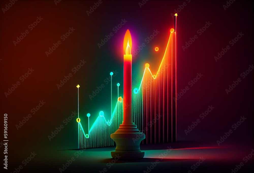 Stock market candlestick chart with upward trend line on neon ...