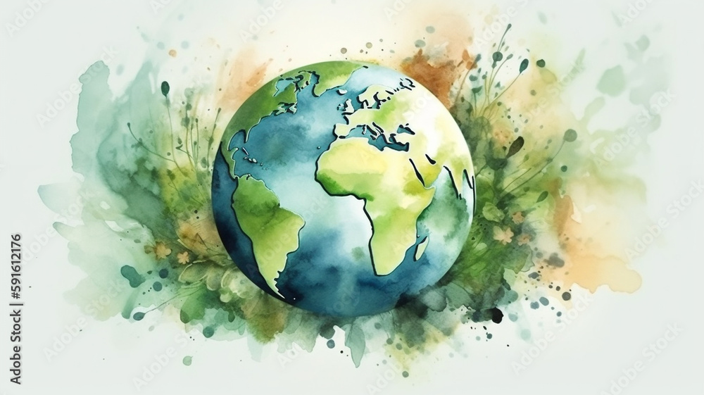 A watercolor painting of the earth with soft green and blue color ...