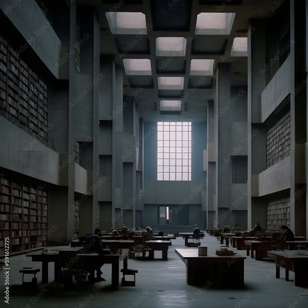 the reading room of a very large brutalist library avantgarde modernist ...