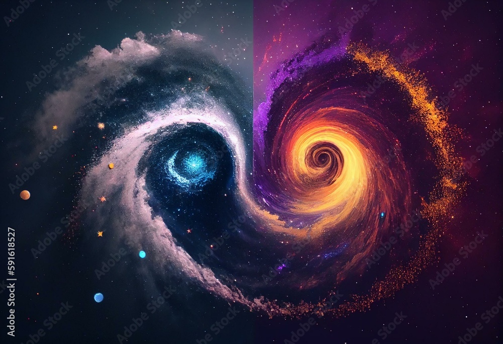 two spirals of different colors in the sky with stars in the background ...