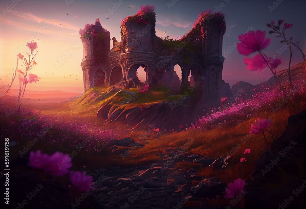 Fantasy elf ruins landscape at the dawn, flower field, big castle ruins ...