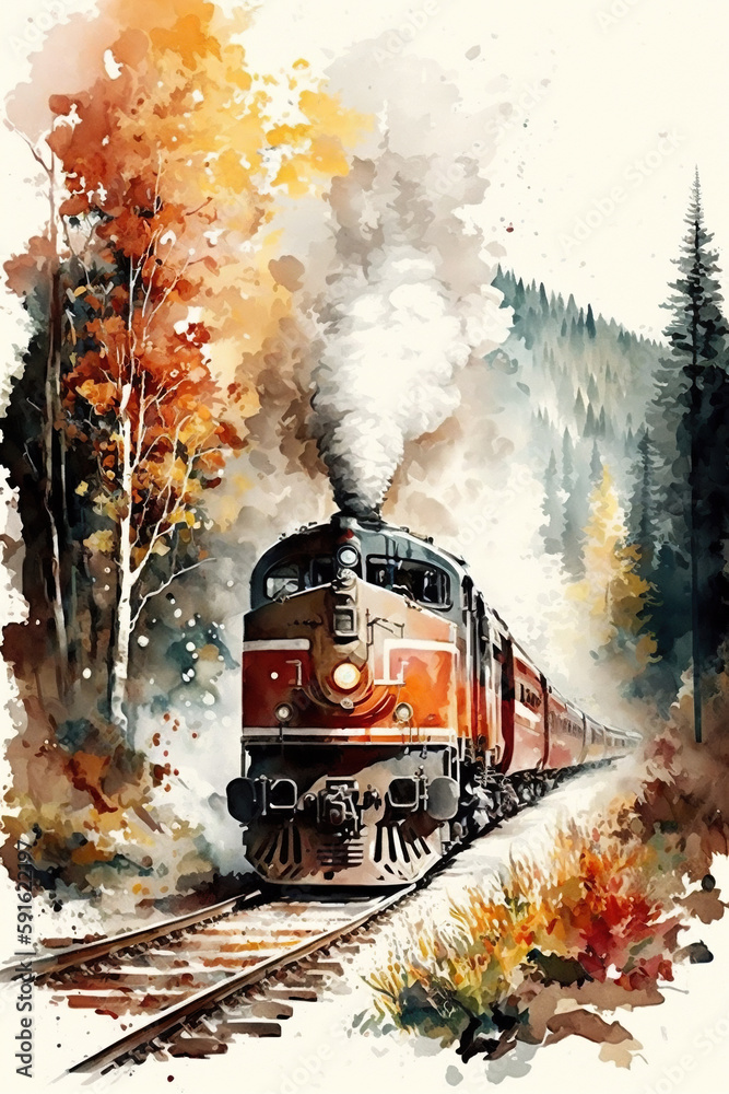 Train with scenic background of fall colors watercolor, Generative AI ...