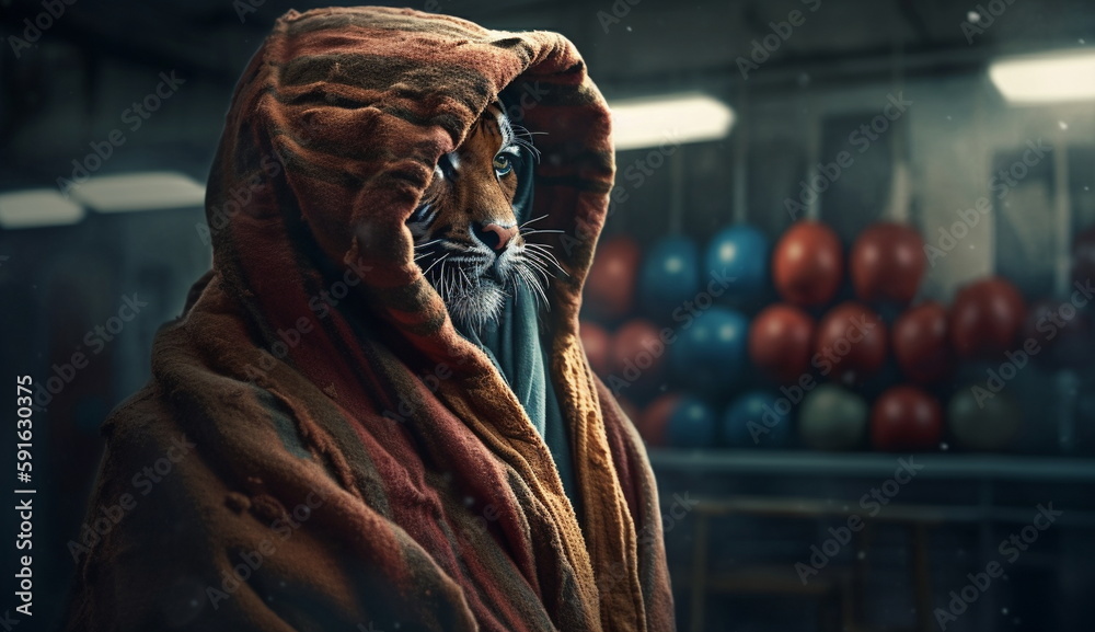 Portrait image of a tiger wearing boxing robe and gloves, ready to ...