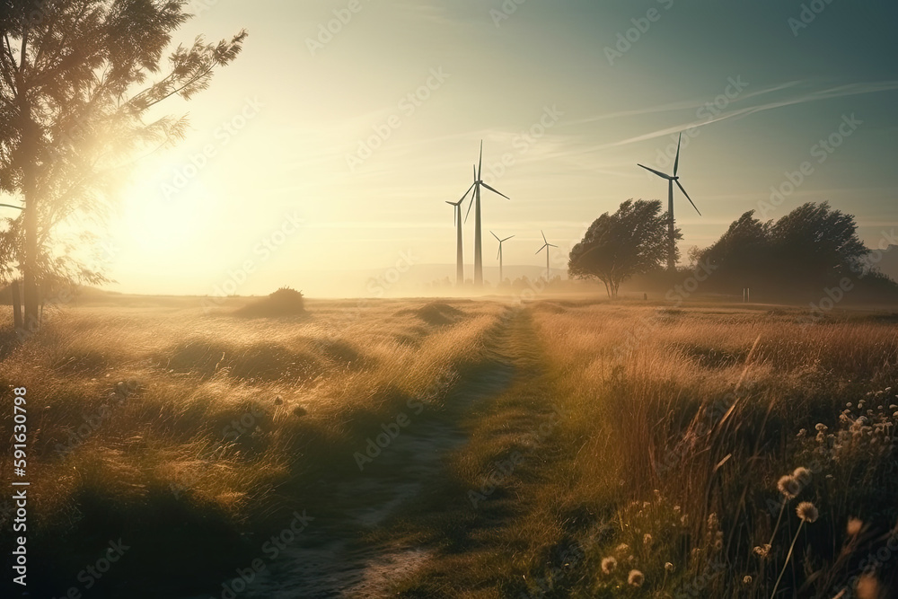 wind turbines in the field at sunset created with Generative AI ...