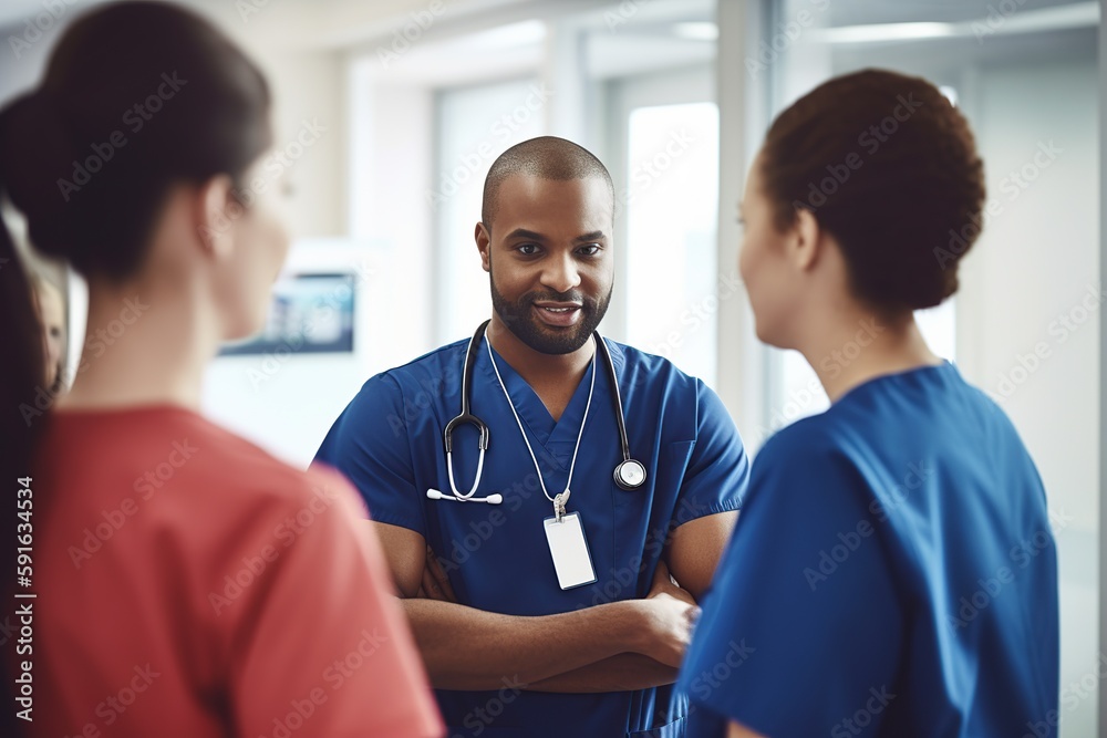 A group of doctors and nurses standing in a hallway and talking to each ...