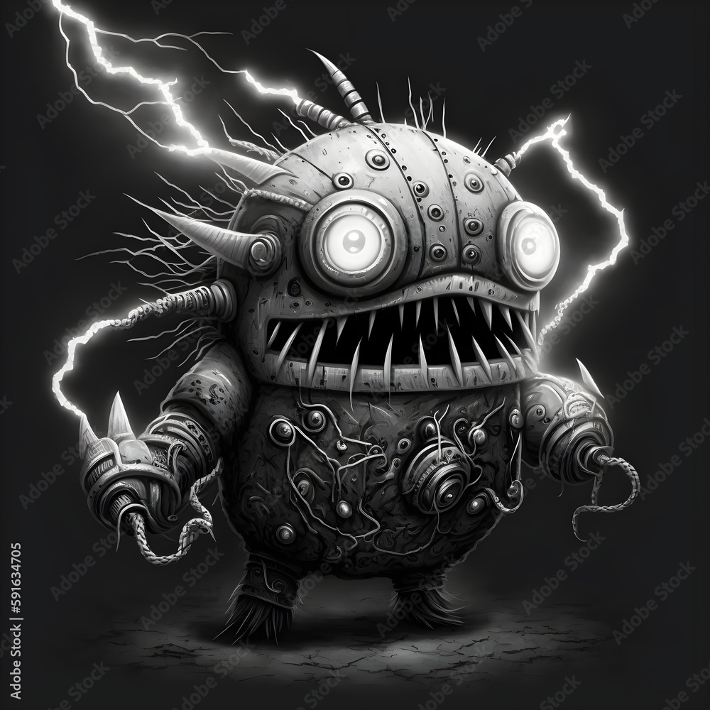 Black and white gothic detailed illustration of a ballshaped junk ...