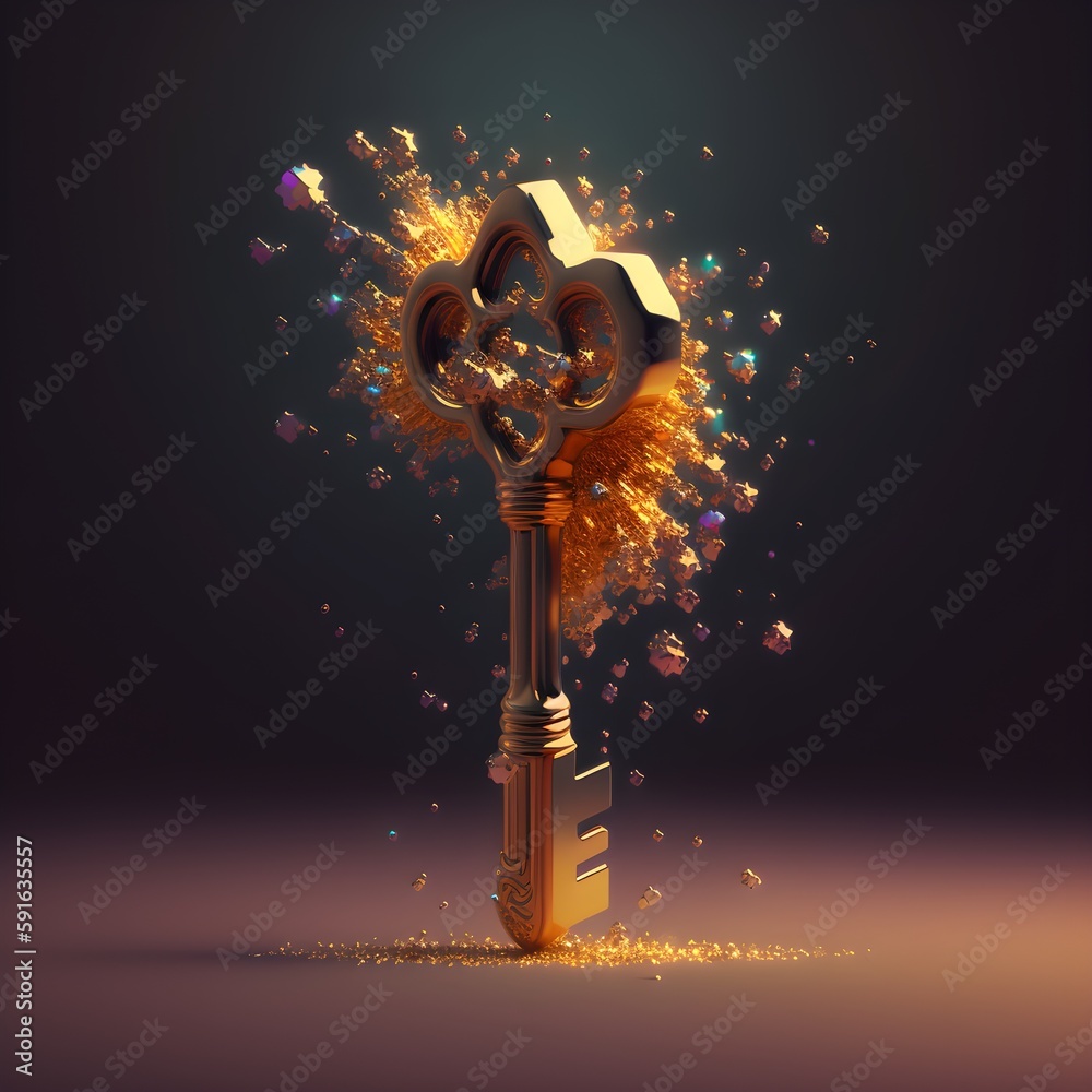 high detailed golden key chromatic aberration crystallized particles ...