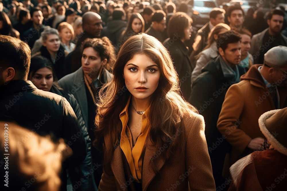 huge crowd and a close up view of a young beautiful woman who stands ...