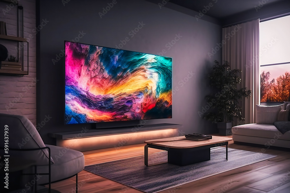Big Screen TV Takes Center Stage in Modern Living Room. Generative AI ...