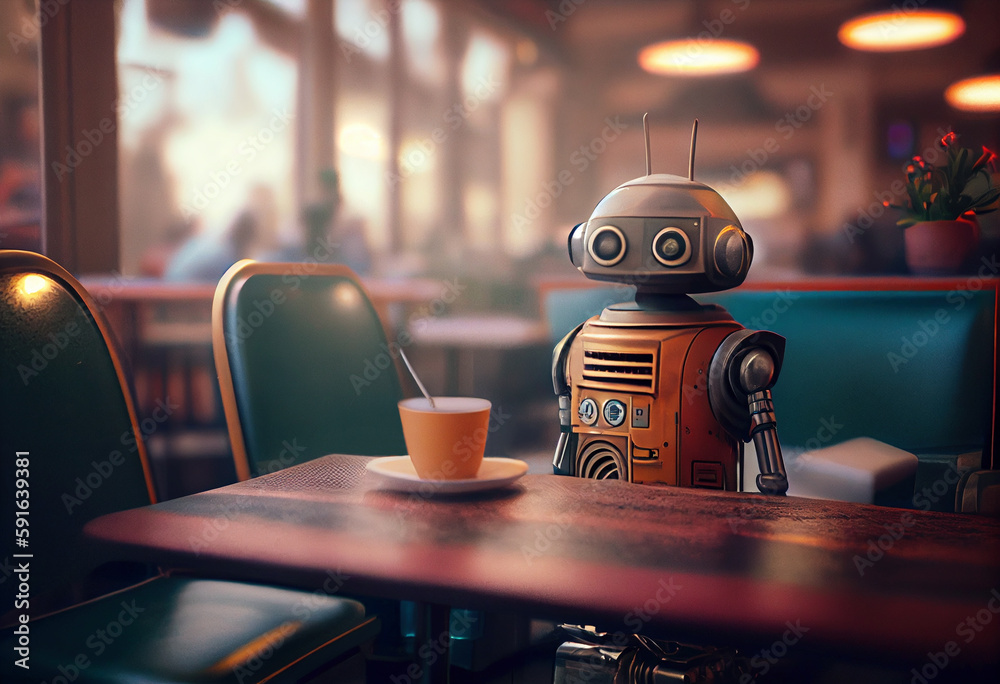 Cute robot having a cafe in the restaurant background. Technology and ...