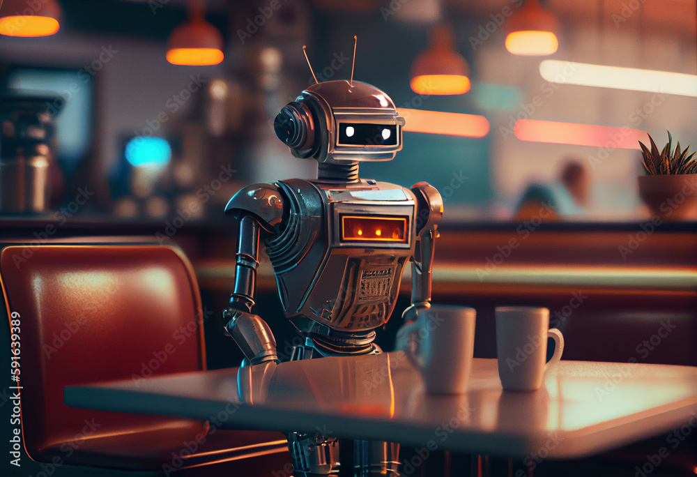 Cute robot having a cafe in the restaurant background. Technology and ...