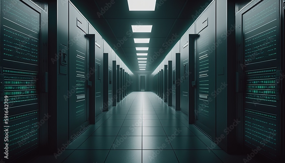 Hallway of a fully operational data center, packed with rack servers ...
