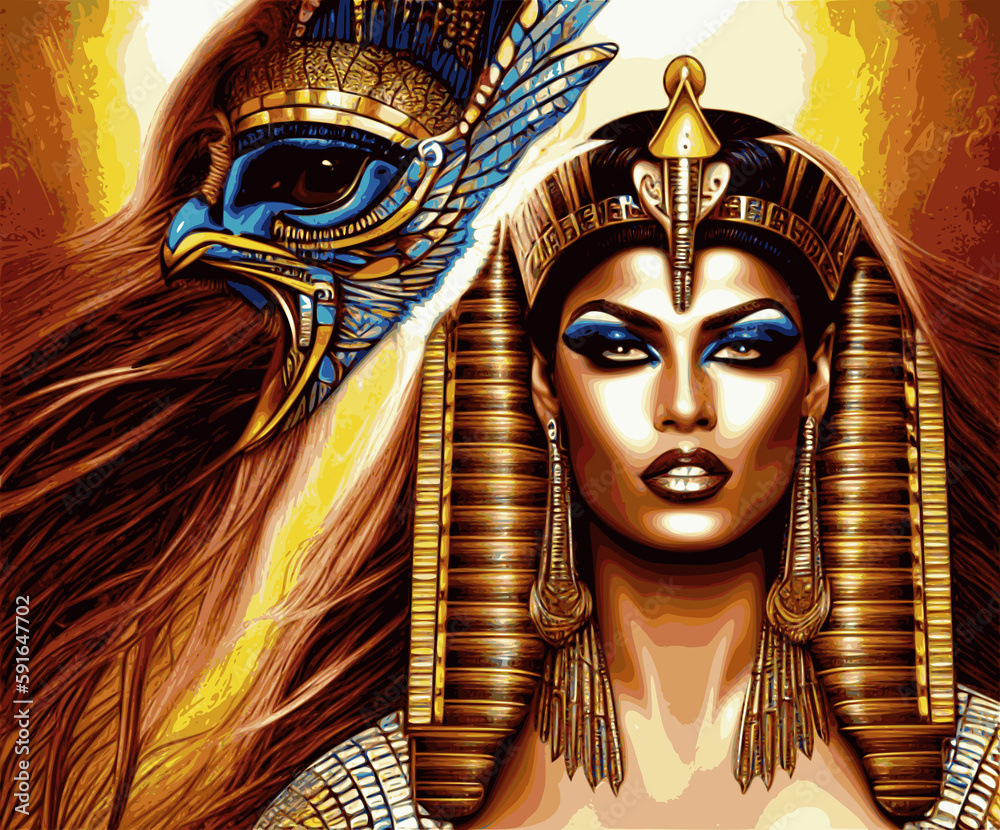 2D 4K Ägyptische Pharaonin und Falke Horus Vector style Illustration ...