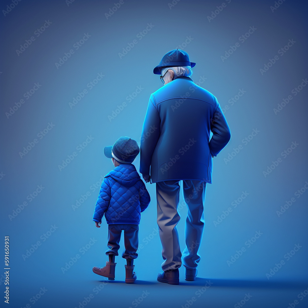 Grandfather and grandson looking at each other on blue background with ...