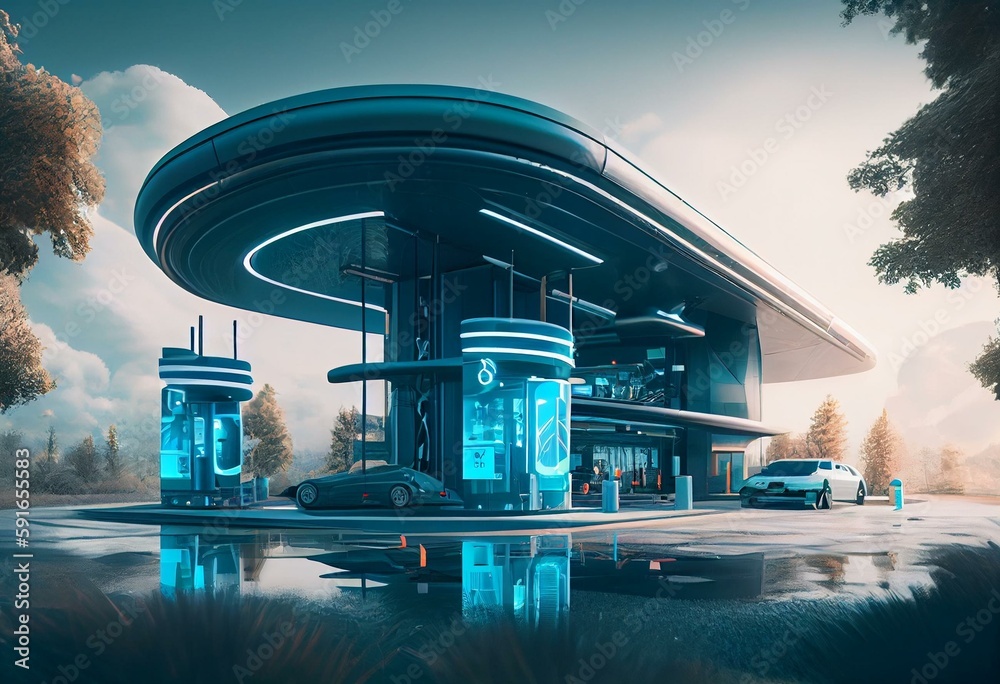 A futuristic hydrogen gas station, blending seamlessly with its open ...