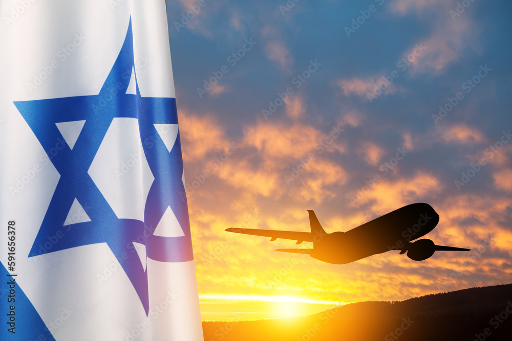 Israel flag and airplane taking off at the sunset sky. Silhouette of an ...