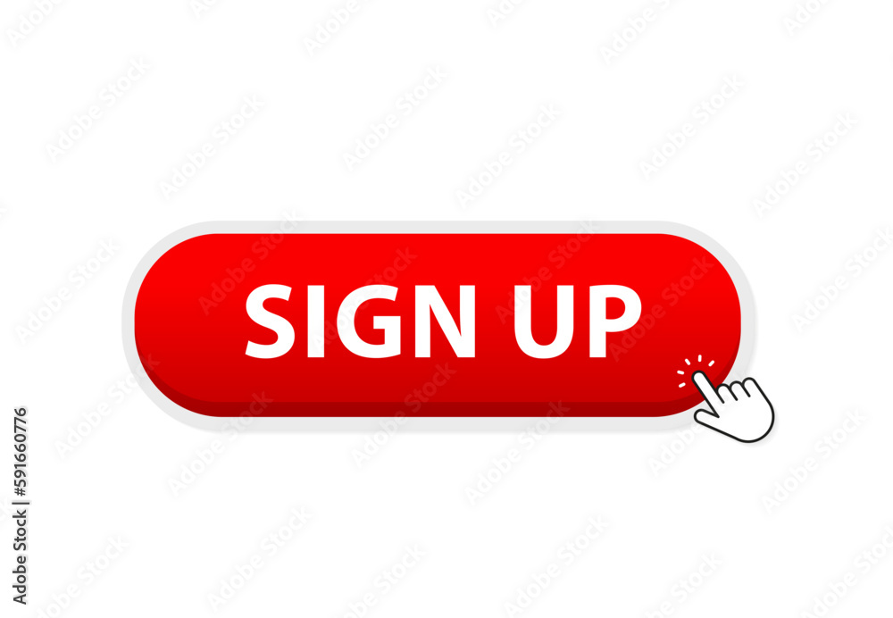 SIGN UP green 3D button with mouse pointer clicking. White background ...