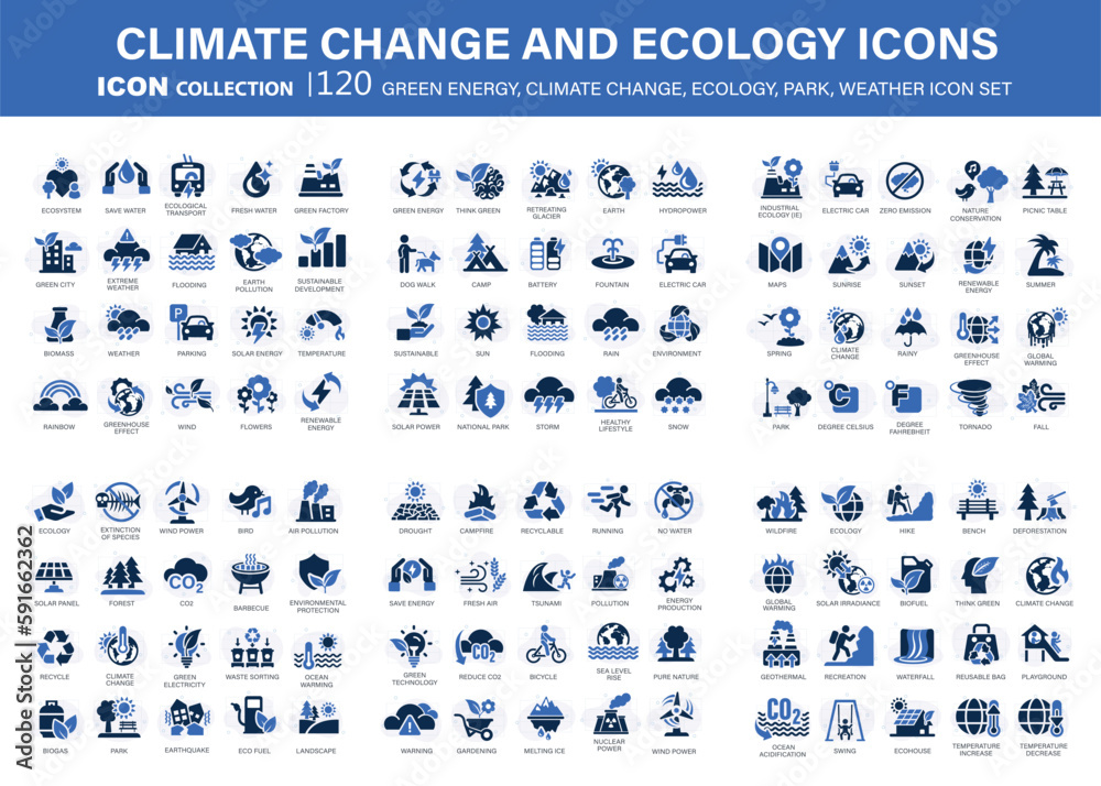 Climate change, ecology, green energy, park and weather 120 icon set ...