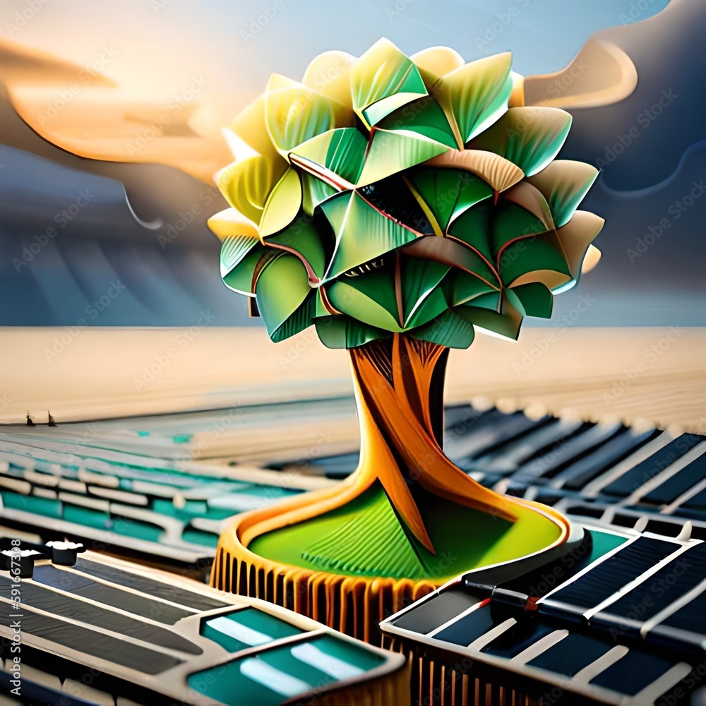 tree on the beach, green energy, wind mill, tropical, solar panels ...