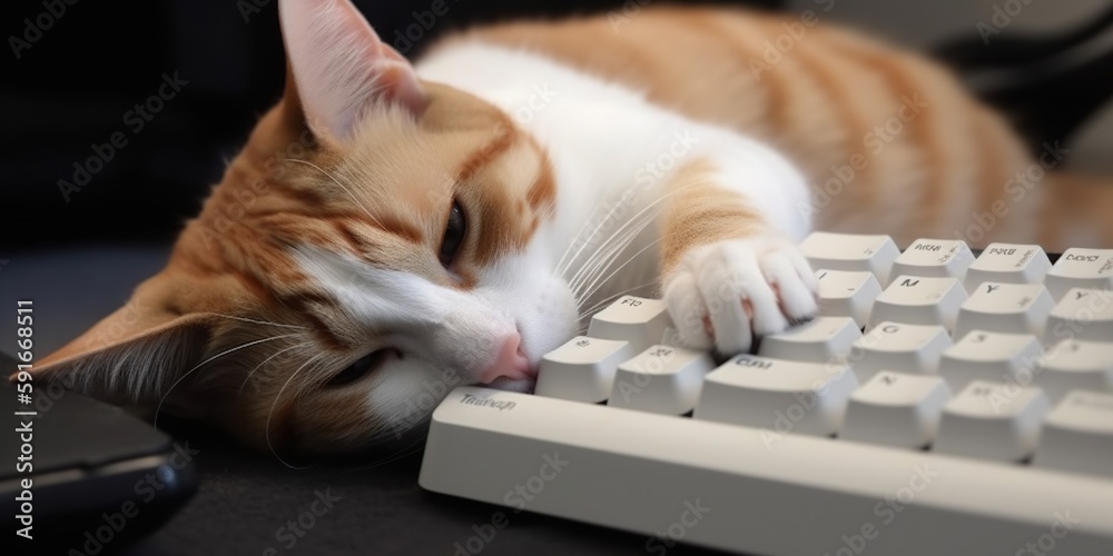 cute cat curled up on keyboard pretending to work like its owner ...