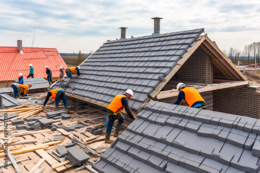 Construction workers installing roof on a modern house; sunset ...