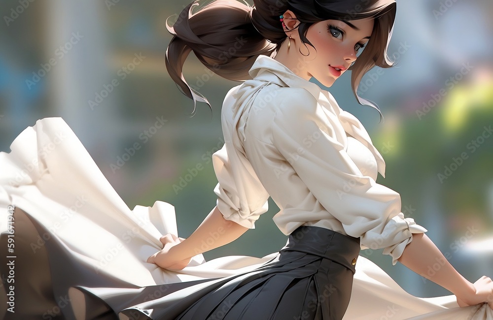college girl wearing high skirt and sheer white shirt, illustration ...