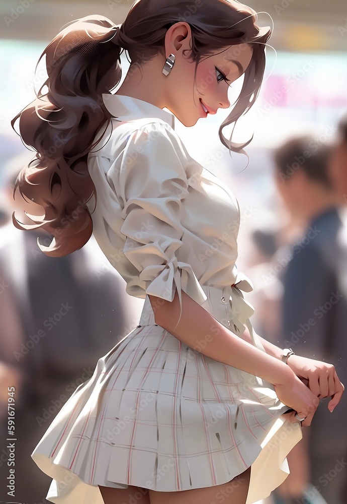 college girl wearing high skirt and sheer white shirt, illustration ...