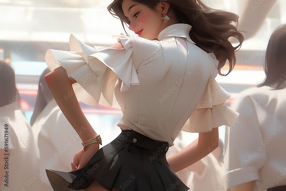college girl wearing high skirt and sheer white shirt, illustration ...