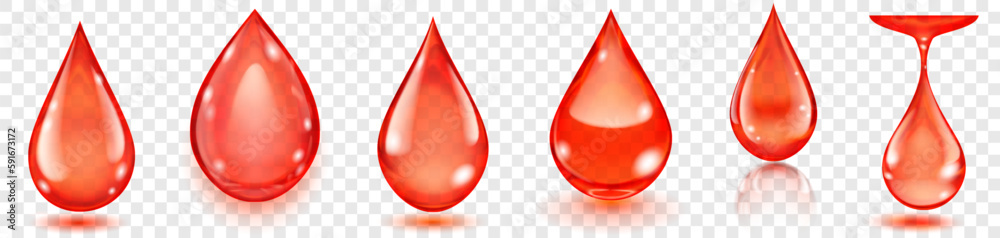 Set of realistic translucent water drops in red colors in various ...