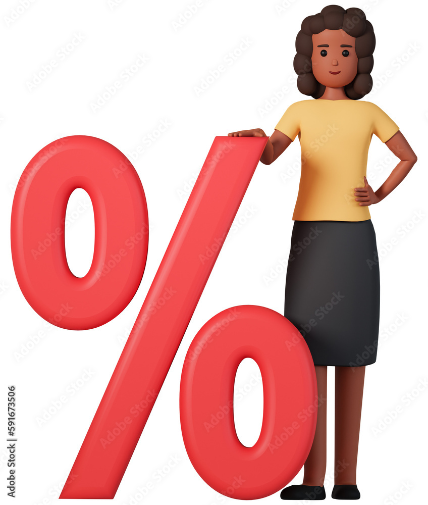 3d illustration of afro american woman character holding percent sign ...