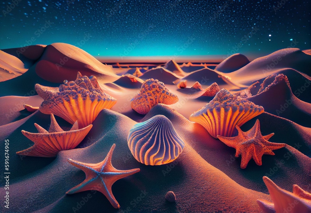 Unreal Engine 5 Epic Composition of Glowing Seashells and Starfish on a ...