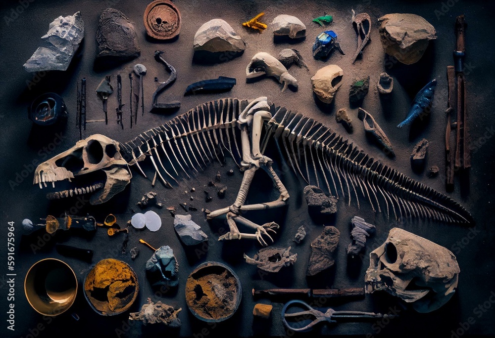 Fossil dinosaurs bones skeletons and archaeologists excavate soil ...