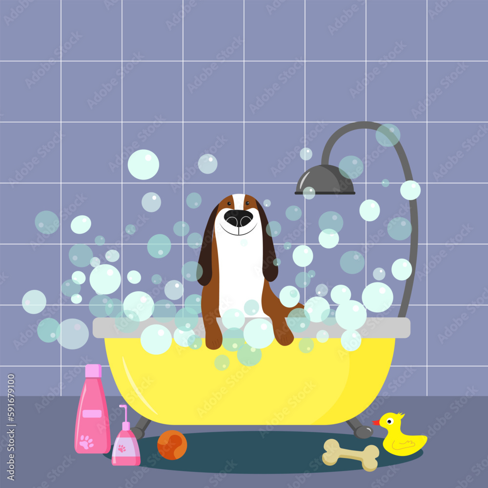 Cartoon dog sits in a bath with soapy foam. The concept of grooming ...