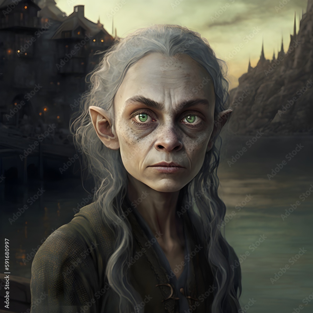 Short misshapen young woman enormous bulbous gollum eyes one eye blue ...