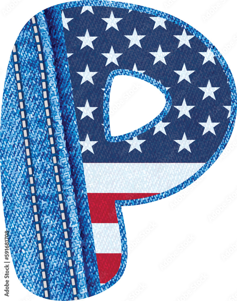 Letter P with the texture of blue denim fabric and US flag - The ...