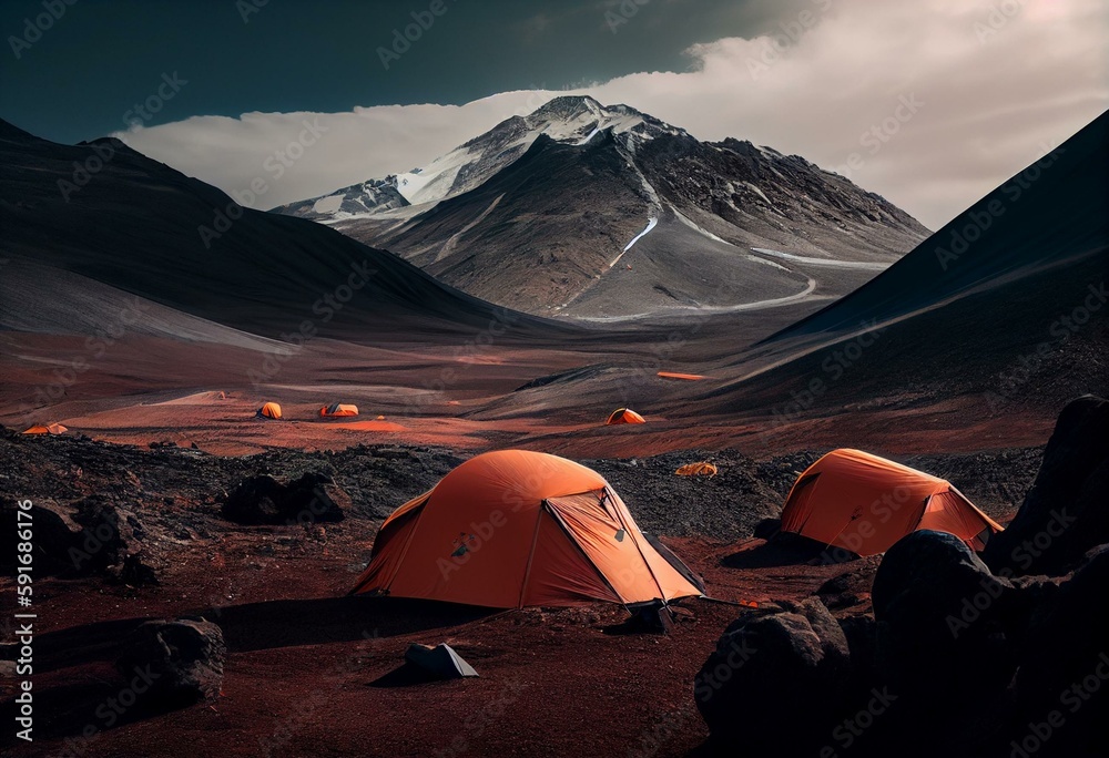 Tent camp and orange tents on the plateau of a mountain valley, the ...