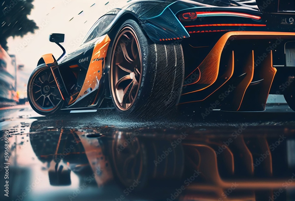 racing car driving on a wet road, realistic and conceptual illustration ...