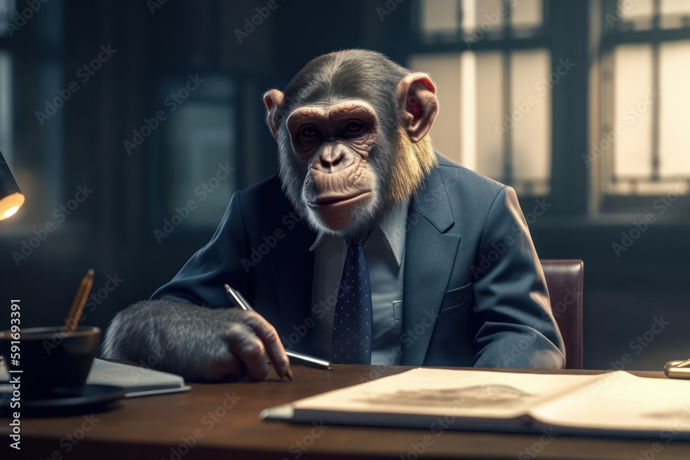 Monkey wearing suit in office. Businessman monkey sitting at office. AI ...