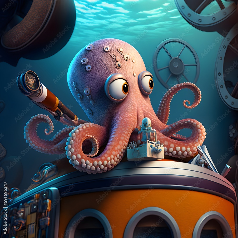 octopus smokes a cigar holds the steering wheel of a sea ship at the ...