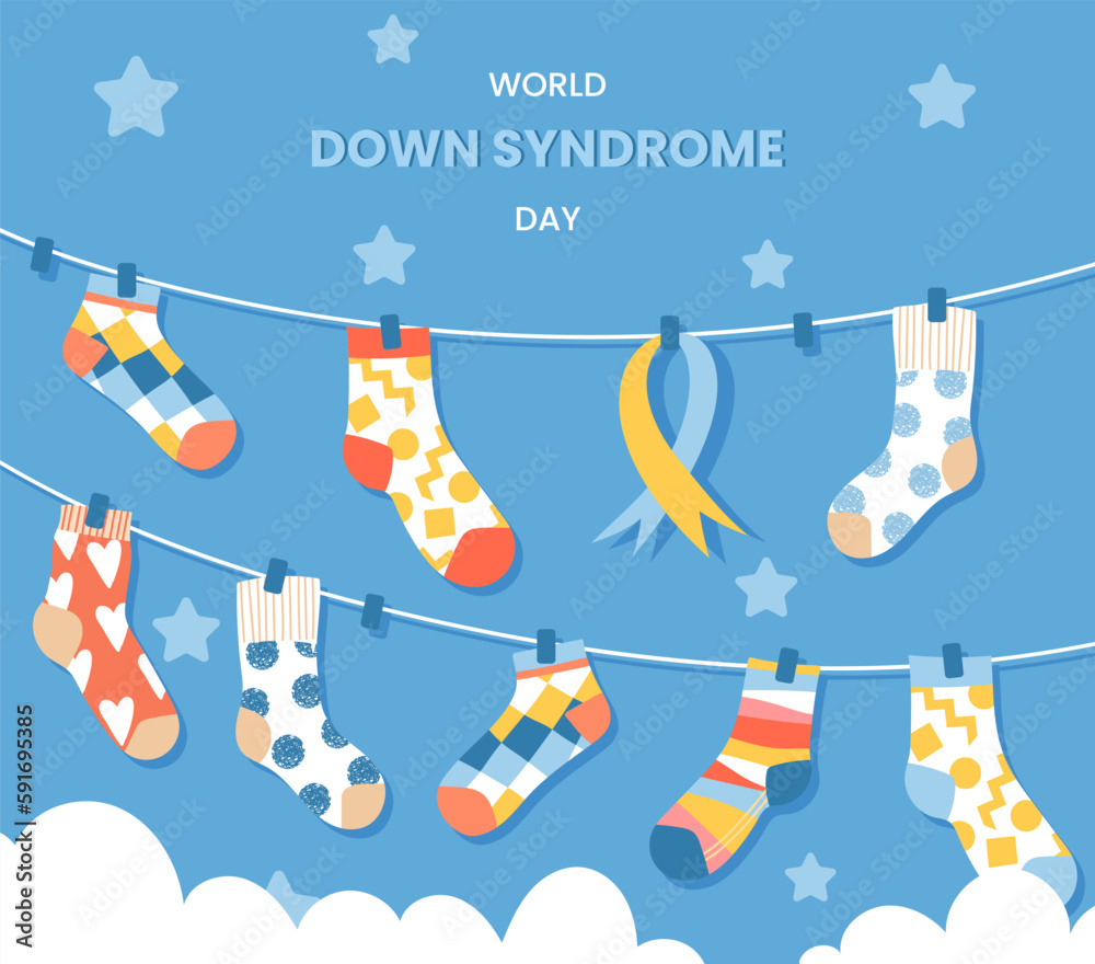 World down syndrome day. Socks on ropes with blue ribbon. Greeting card ...